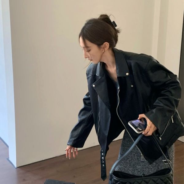 데일리언니 루즈핏 테일러드 카라 집업 캐주얼 가죽 자켓 오피스룩 예쁜 코디 데일리 데이트 캐주얼 가을 봄 겨울 점퍼 재킷 세미