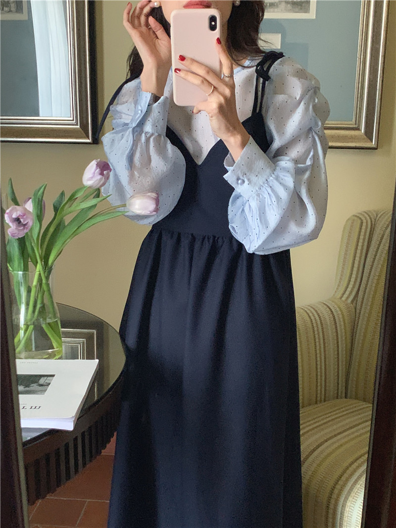 코디 걱정없는 Setup 레이어드 롱원피스 가을 긴팔 여성 여자 뷔스티에 세트 끈나시 루즈핏 블라우스 라운드넥 네이비 베이지 끈원피스 간절기 결혼식 피로연 하객룩