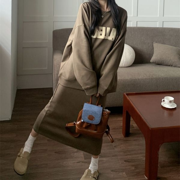 코디세트레터 프린팅 루즈핏 맨투맨 티셔츠베이직 H라인 캐주얼 롱스커트 세트 캐주얼 러블리 하객룩 상견례 결혼식 간절기 데이트 데일리 오피스룩 셋업 Set