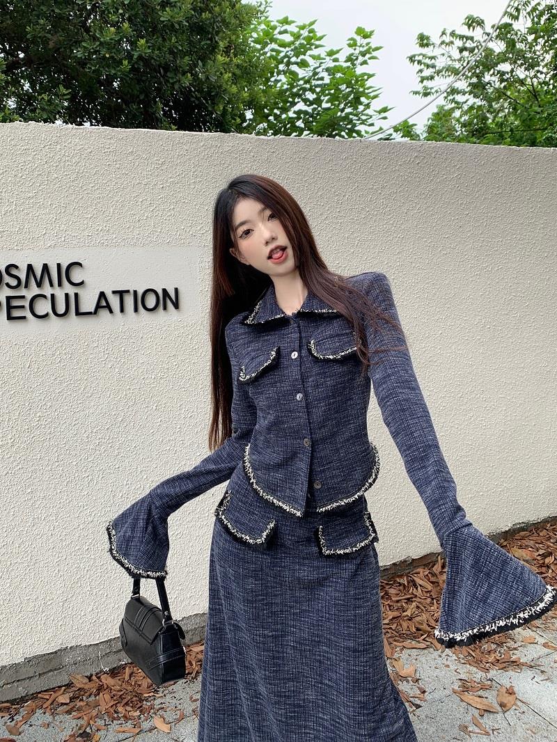 [3size] SET 가을 카라넥 수술 언발 슬림핏 숏기장 크롭 소매퍼프 니트 가디건 스판 + 하이웨스트 A라인 플레어 뒷트임 롱 스커트 러블리 청순 오피스룩 하객룩 격식룩 ...