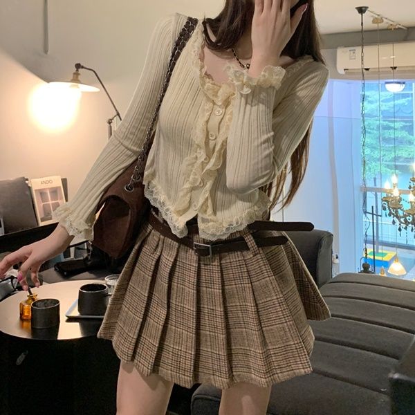 코디세트레이스 프릴 슬림핏 버튼 니트 가디건벨트 체크 플리츠 미니스커트 세트 캐주얼 러블리 하객룩 상견례 결혼식 간절기