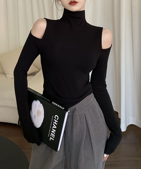 포앤바이앤 컷오프 폴라 티셔츠 터틀넥 긴팔 손등덮는 긴소매 슬림핏 타이트 어깨오픈 솔리드 단색 무지 면 티셔츠 가을 겨울 이너티 부드러운 따뜻한 입기편한 은근섹시 글램