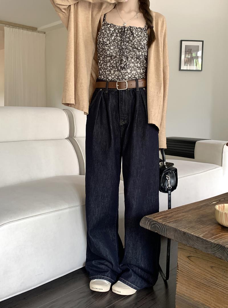 폴시띠아 [3size]하이웨스트 데님 핀턱 루즈핏 와이드 롱 팬츠 포켓 캐주얼 심플 베이직 학생룩 캠퍼스룩 복고 Y2K 힙한 MZ 여친룩 스트릿 일상룩 가을 데일리룩