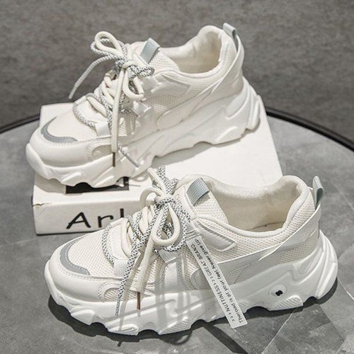 찐코디 S677 베이지 그린 그레이 끈 캐주얼 통굽 스니커즈 어글리 슈즈빈티지 대학생 학생 데일리 키높이 신발 실용적인 사계절 레이스업 간편 메쉬 운동화 4cm