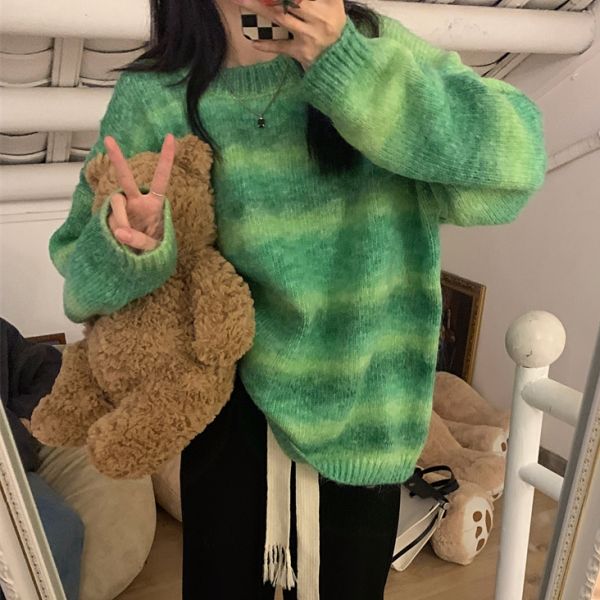 라운드넥 그라데이션 스트라이프 패턴 루즈핏 니트 티셔츠 결혼식투피스 하객 가을 데이트 데일리 오피스룩 니트티 오피스룩 캐주얼 러블리 봄 맨투맨 카디건