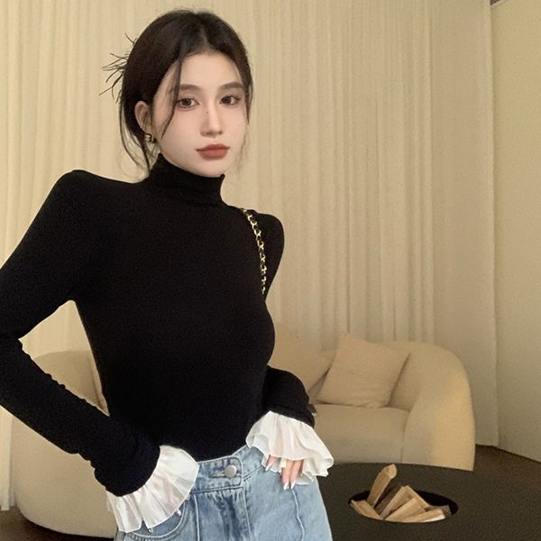 하이넥 슬림핏 배색 프릴 슬리브 긴팔 티셔츠 러블리 캐주얼 데일리 데이트 여성 기본 편한 얇은 귀여운 맨투맨