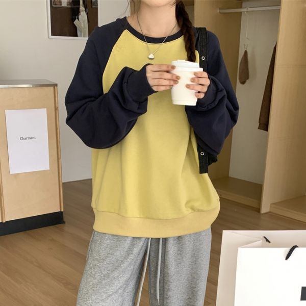 라운드넥 배색 나그랑 루즈핏 맨투맨 티셔츠 러블리 캐주얼 데일리 데이트 여성 기본 편한 얇은 귀여운 맨투맨