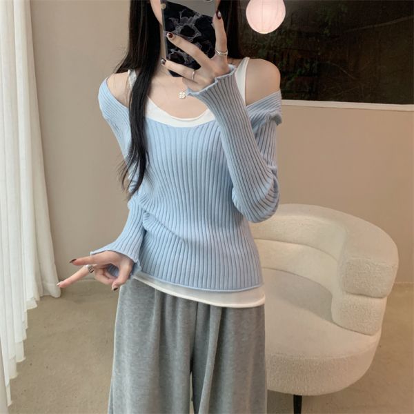 슬리브리스 페이크 레이어드 골지라인 슬림 티셔츠 러블리 캐주얼 데일리 데이트 여성 기본 편한 얇은 귀여운 맨투맨