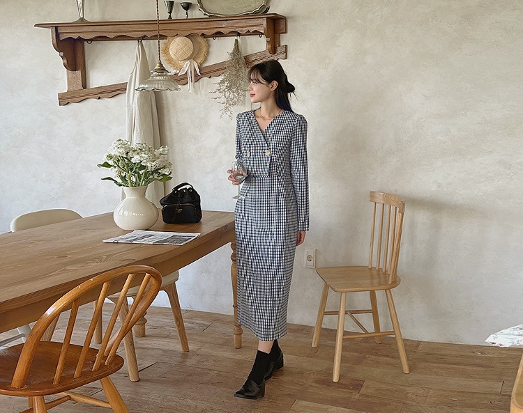 리리앤코 무료배송 레비드앙 트위드 체크 랩스타일 롱 원피스 가을 신상 데일리 데이트 하객룩 격식룩 출근룩 오피스룩 러블리 하객코디 하객원피스 트위드원피스 트위드체크 H