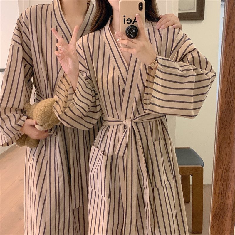 위컴피파자마 커플로브 순면 베이지 스트라이프 빅사이즈 오버핏 긴팔 커플 잠옷 세트 파자마 커플여행 신혼부부 파자마파티 선물 커플룩 가을 겨울 수면 원피스 홈드레스