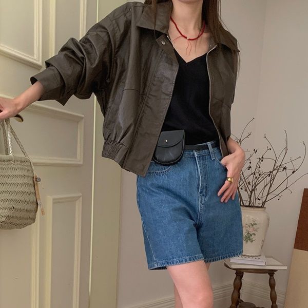 데일리언니 세미크롭 루즈핏 레더 집업 자켓 오피스룩 예쁜 코디 데일리 데이트 캐주얼 가을 봄 겨울 점퍼 재킷 세미 정장 러블리