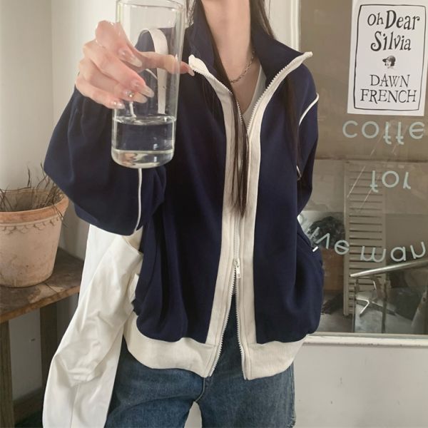 하이넥 배색 라인 더블집업 자켓 오피스룩 예쁜 코디 데일리 데이트 캐주얼 가을 봄 겨울 점퍼 재킷 세미 정장 러블리