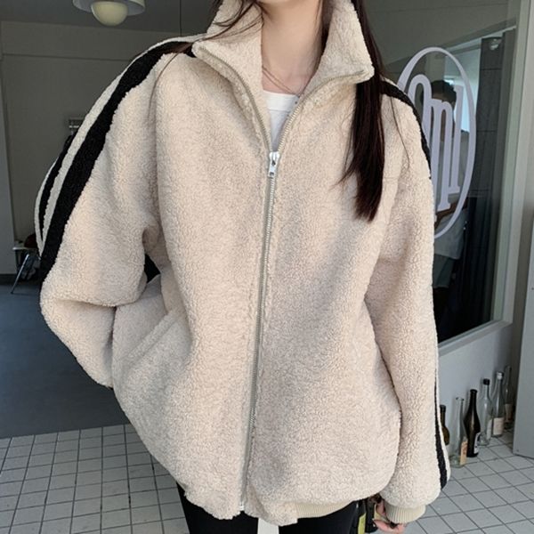 하이넥 배색 슬리브리스 양털 자켓 오피스룩 예쁜 코디 데일리 데이트 캐주얼 가을 봄 겨울 점퍼 재킷 세미 정장 러블리