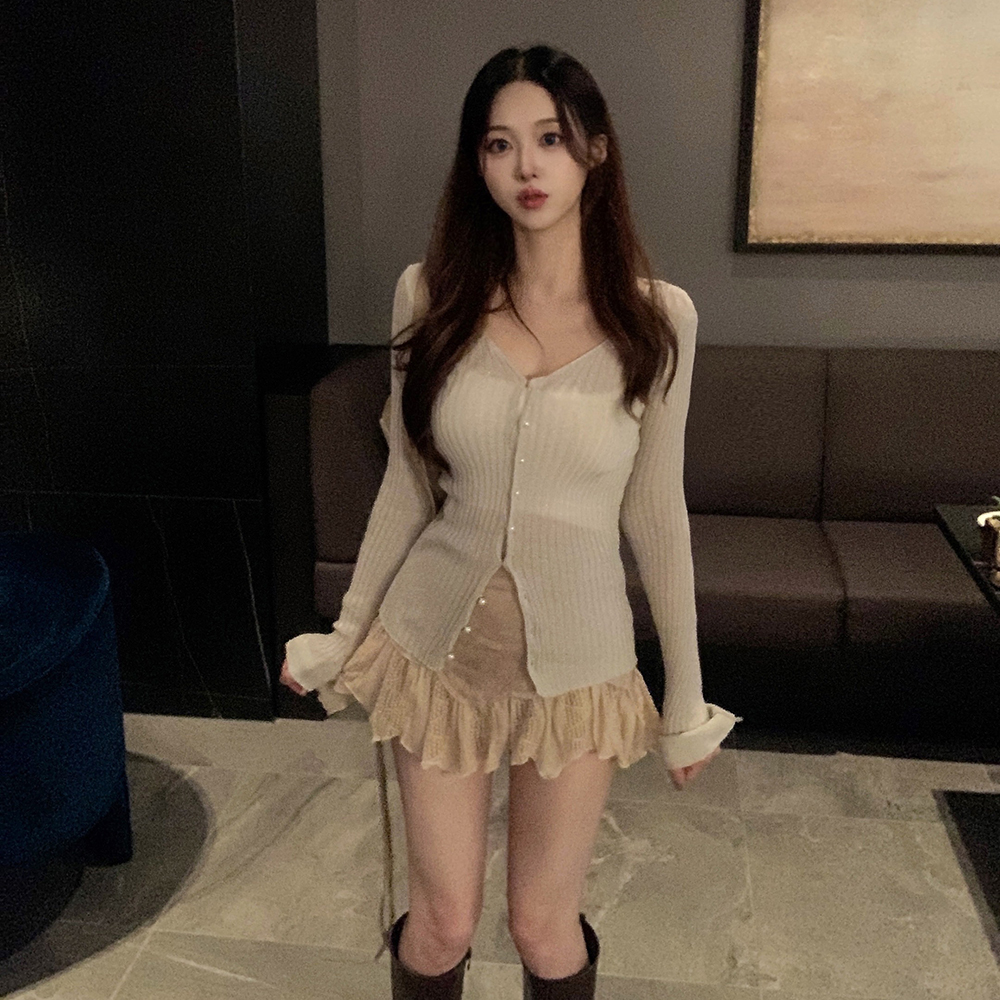 워너비뮤즈 무배🚀 여리청순and힙👑발레코어룩 브이넥 진주 펄 가디건 스웨이드 플리츠 랩 마이크로 미니 스커트 투피스 세트 셋업