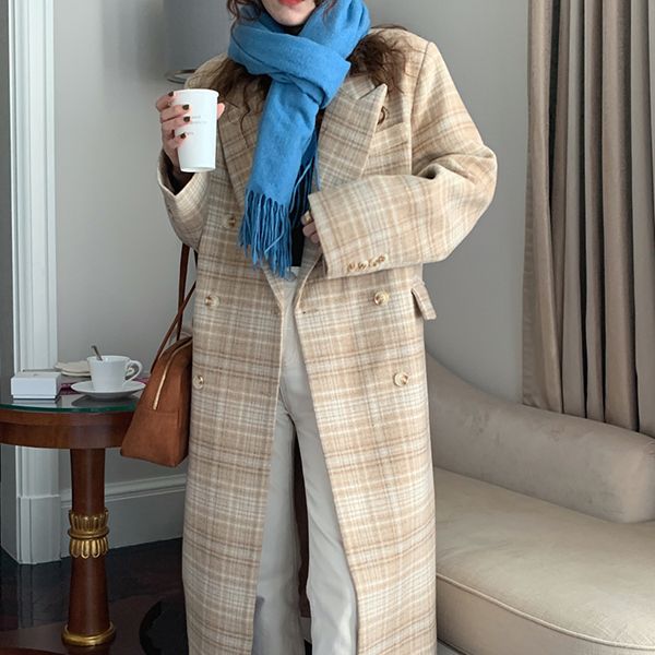 린다걸 체크 더블 브레스트 롱 코트 데이트 데일리 간절기 가을 겨울 자켓 재킷 러블리 캐주얼 연말모임룩