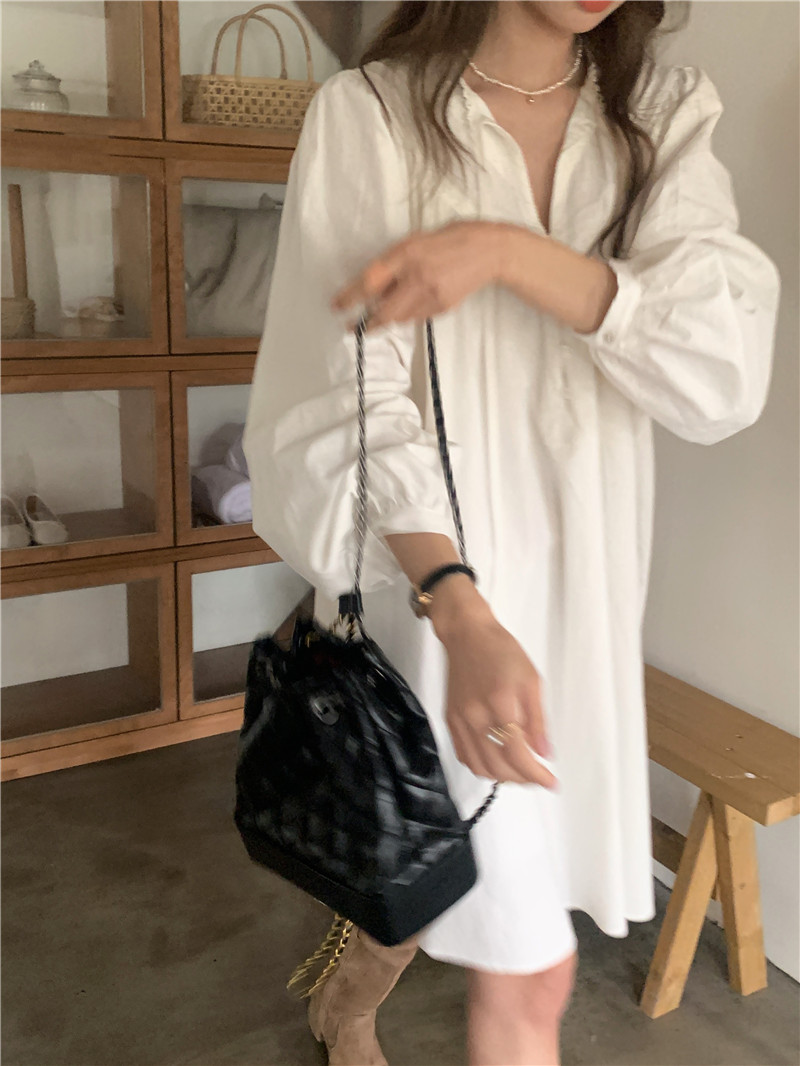 베이지하루 프렌치스타일 화이트 타이 긴팔 미니원피스 플레어 셔츠원피스 가을 겨울 여자 원피스 드레스 레이스 긴팔 퍼프소매 셔링