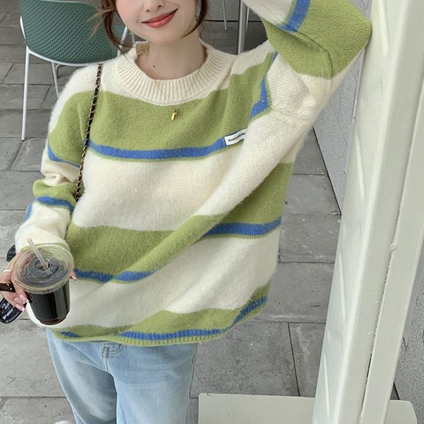 데일리언니 단가라 배색 라운드 니트 티셔츠 결혼식투피스 하객 가을 데이트 데일리 오피스룩 니트티 오피스룩 캐주얼 러블리 봄 맨투맨 카디건