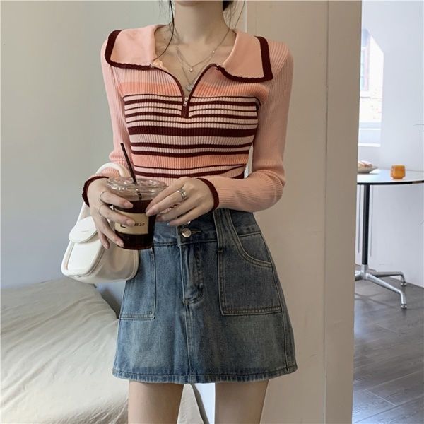 데일리언니 배색 스트라이프 카라 니트 티셔츠 결혼식투피스 하객 가을 데이트 데일리 오피스룩 니트티 오피스룩 캐주얼 러블리 봄 맨투맨 카디건