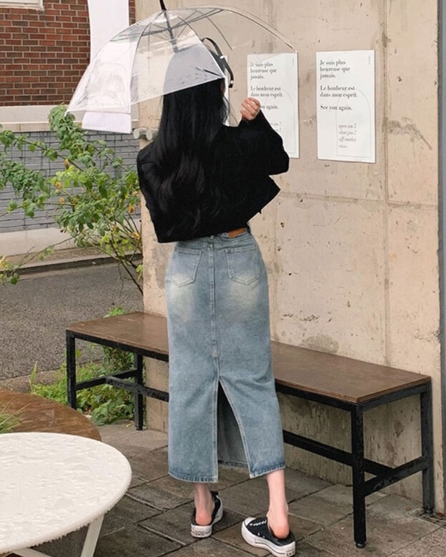 베이델리 [2color/S,M,L]뒷트임 데님 H 롱스커트 청치마