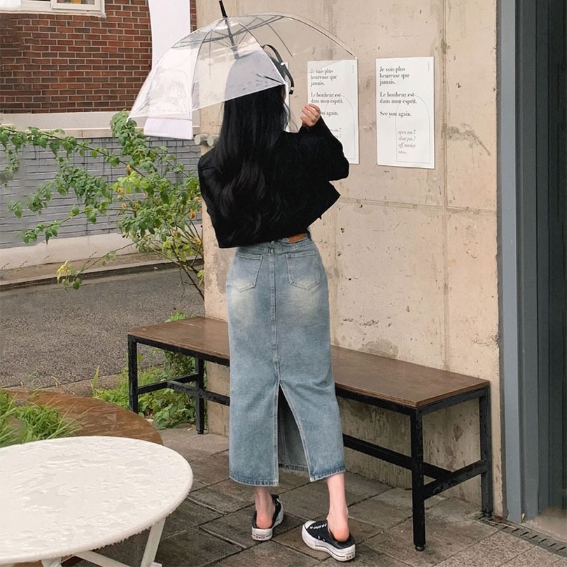 베이델리 [2color/S,M,L]뒷트임 데님 H 롱스커트 청치마