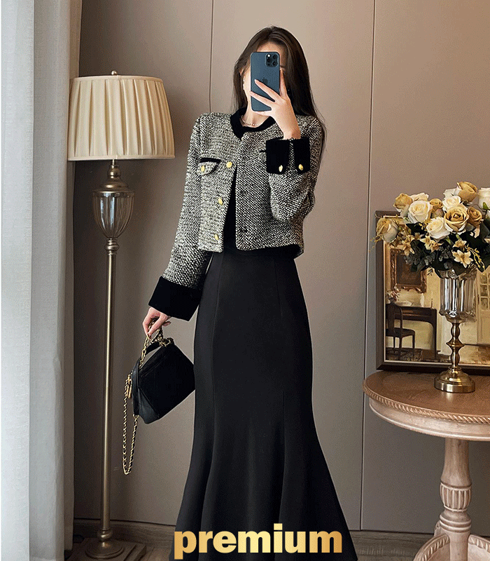 다바나 ★오벨리스크 투피스 정장 세트 트위드 자켓 피쉬라인 롱 스커트 ★ 프레스티지 프리미엄 트위드 자켓 블랙 피쉬테일 롱스커트 드레스 환상적인 투피스 정장 2부