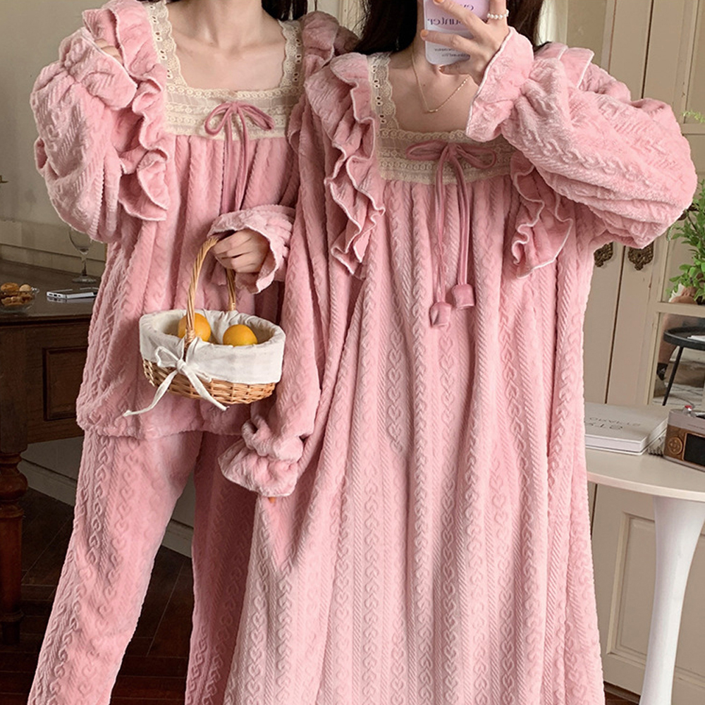 오로니 프릴 극세사 수면 잠옷 공주 원피스 투피스 겨울 긴팔 기모 빅사이즈 여성 공주 파자마