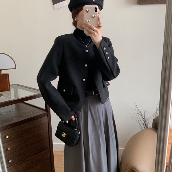 데일리언니 진주 버튼 라운드넥 심플 긴팔 자켓 오피스룩 예쁜 코디 데일리 데이트 캐주얼 가을 봄 겨울 점퍼 재킷 세미 정장