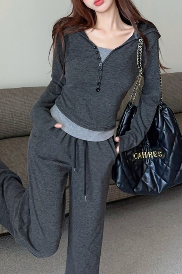 핑크프릴 Set 지나 단추 브이넥 후드 긴팔 티셔츠 캐주얼 와이드 팬츠 투피스 세트