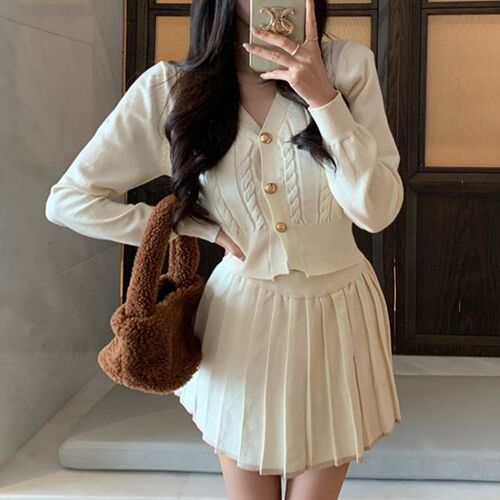 코디세트브이넥 꽈배기 짜임 슬림 니트 가디건a라인 핀턱 플리츠 미니스커트 세트 캐주얼 러블리 하객룩 상견례 결혼식 간절기 데이트 데일리 오피스룩 셋업 Set