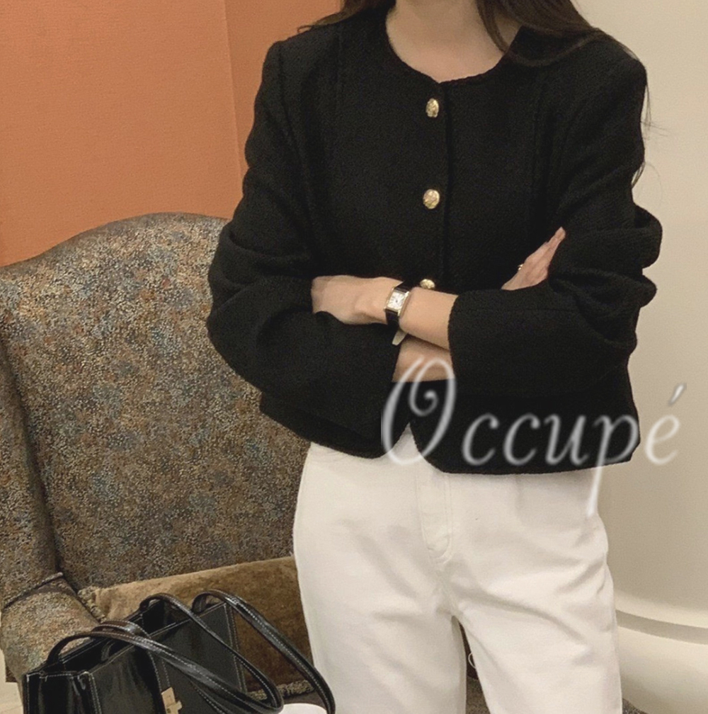 오큐페 플러터 그레이 트위드 노카라 자켓 (3col) flutter