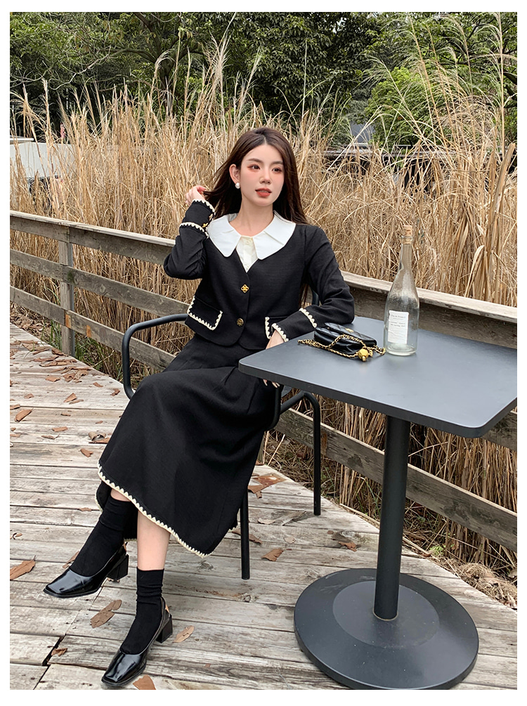 하이엔드 블랙라인 Set Up A라인 플레어 미디스커트 하늘하늘 치마 하이웨이스트 트렌디한 여자 숏자켓 코트 화이트 블랙