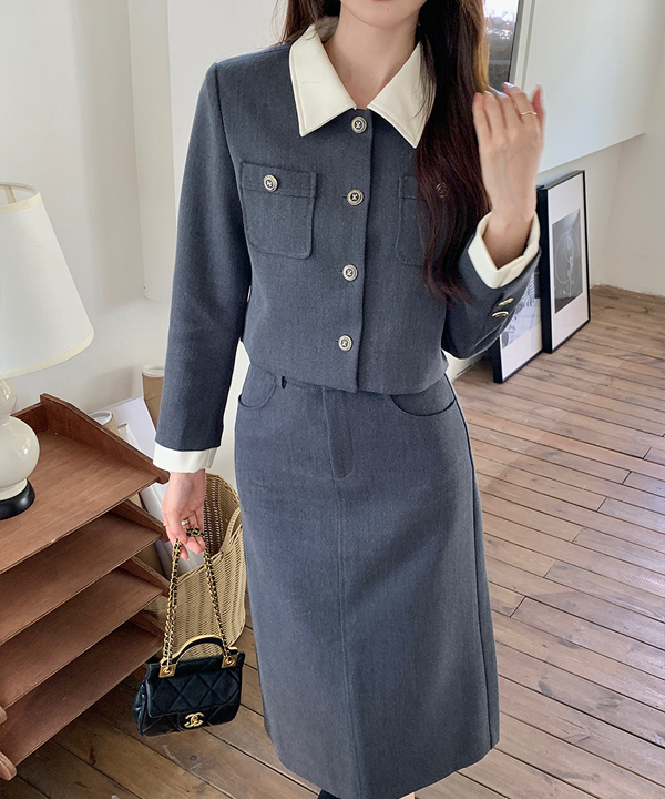 포앤바이앤 크롭 자켓 스커트 투피스 배색카라 긴소매 일자핏 앞단추 숏 짧은 자켓 And 하이웨스트 일자핏 H라인 미디스커트 세트 가을 겨울 단아한 포멀 단정한 수트 셋업