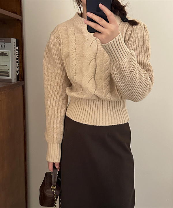 복고풍 꽈배기 니트탑 라운드넥 퍼프 벌룬 긴소매 하찌 케이블 트위스트 허리시보리 숏 크롭 니트티 겨울 레트로 베이직 기본 심플 풀오버 스웨터 매일입기좋은 데일리룩