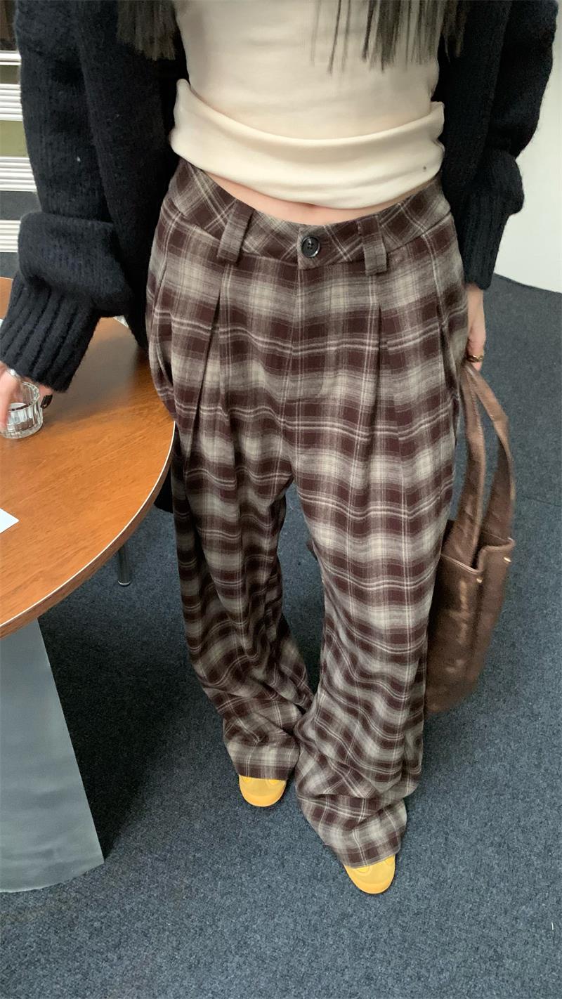 [3size]하이웨스트 체크 핀턱 와이드 롱팬츠 슬랙스 캐주얼 학생룩 캠퍼스룩 여친룩 데이트룩 복고 오피스룩 MZ Y2K 힙한 스트릿 일상룩 가을 데일리룩