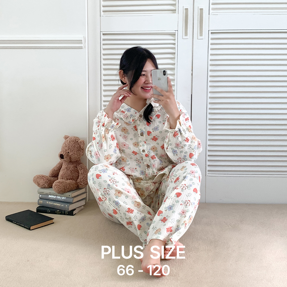빅사이즈 66-120 드림 프릴 딸기 플라워 브이넥 파자마 잠옷 세트