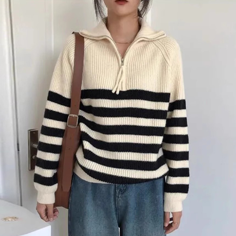 프렌치 청춘핏 스트라이프 여자 아노락 집업 여자 니트티 니트탑 여성 니트 와이드 빅 카라 세일러 스트라이프 긴팔 러블리 가을 겨울 코디 패션 봄 간절기 캐주얼 올매치