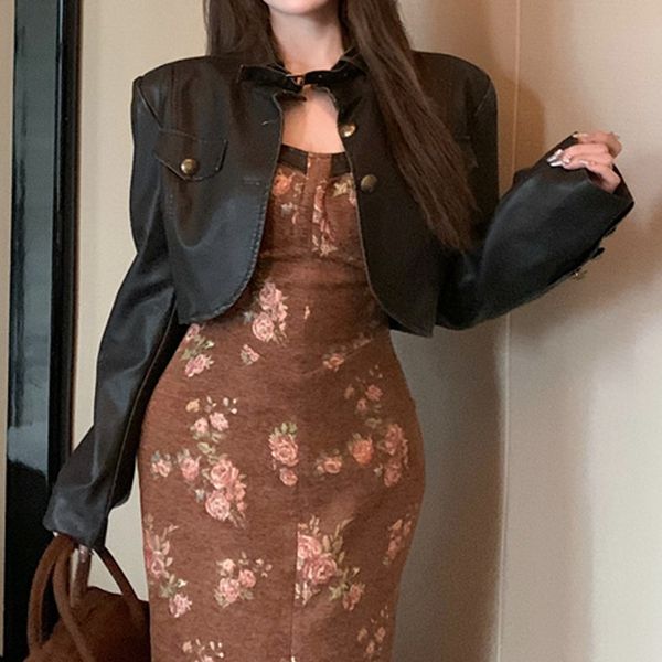 린다걸 코디세트라이더 레더 인조가죽 크롭 자켓 플라워 롱원피스 투피스 세트 캐주얼 러블리 하객룩 상견례 결혼식 간절기 데이트 데일리 오피스룩 셋업 Set