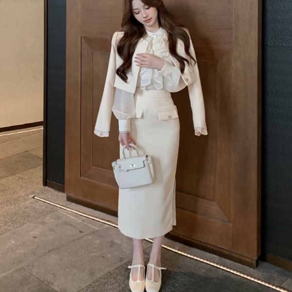 린다걸 코디세트트위드 숏 자켓 시폰 레이트 셔츠 트위드 롱스커트 쓰리피스 세트 캐주얼 러블리 하객룩 상견례 결혼식 간절기