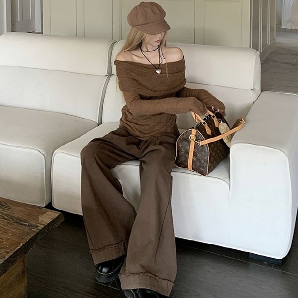 린다걸 코디세트오프숄더 슬림핏 긴팔 티셔츠 와이드핏 캐주얼 팬츠 투피스 세트 캐주얼 러블리 하객룩 상견례 결혼식 간절기 데이트 데일리 오피스룩 셋업 Set
