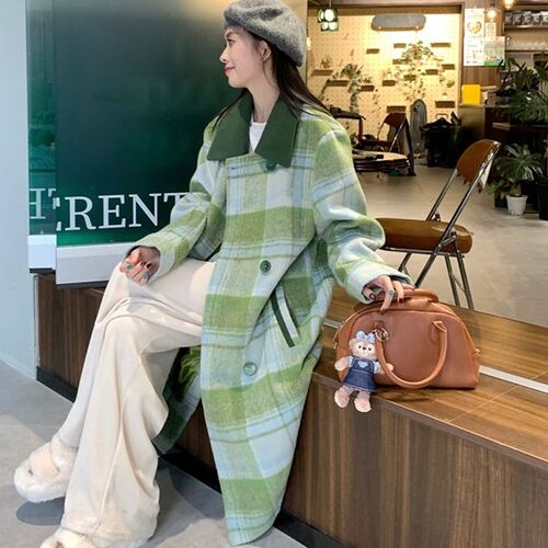 체크 코트 겨울코트 루즈핏 카라넥 더블 브레스트 롱코트 데이트 데일리 간절기 가을 겨울 자켓 재킷 러블리 캐주얼 연말모임룩