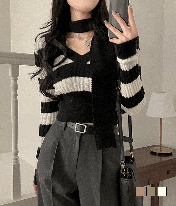 기프티박스 무료배송 쿠키프라페 꽈배기 단가라 브이넥 긴팔 니트 머플러 투피스 세트