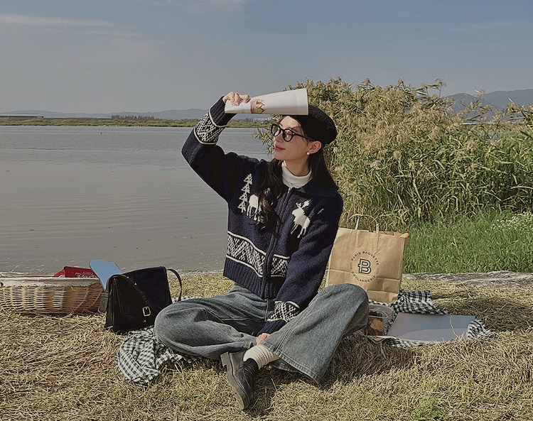 루프디린 카라넥 자수 니트 집업 겨울 신상 겨울옷 카라니트 자수니트 노르딕 시보리 시보리니트 패턴 집업니트 니트가디건 데일리룩 페미닌룩 하객룩 출근룩 통통녀 빅사이즈 추천