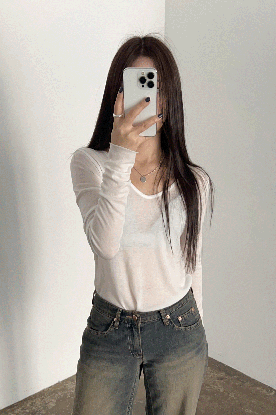 스웨븐제이 [1 1] 아미 시스루 유넥 긴팔 티셔츠 4color