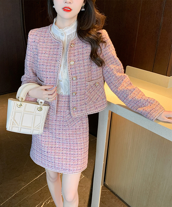 포앤바이앤 핑크 트위드 자켓 스커트 투피스 라운드넥 긴팔 싱글버튼 앞포켓 일자라인 숏 자켓 And 하이웨스트 H라인 미니스커트 세트 가을 겨울 정장 셋업 수트 우아한