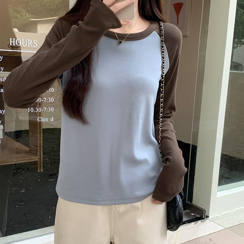 베이지하루 아메리칸 레트로 가을 긴팔 여자 상의 티셔츠 라운드넥 여성 탑 레글런 나그랑 스플라이싱 배색 20대 30대 여친룩 이너티 캐주얼 올매치 코디 패션 스타일