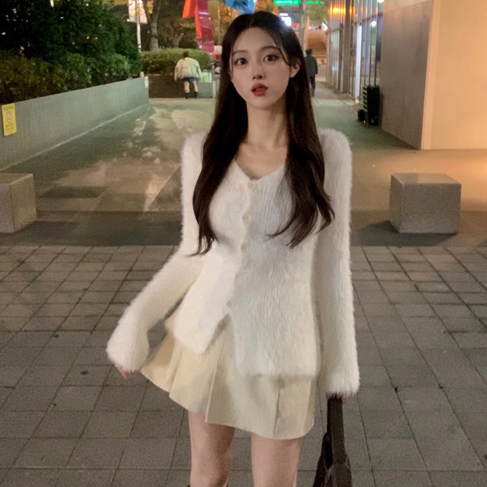 워너비뮤즈 무배🚀 여신템💖복실복실 여리여리~ 털빠짐x 앙고라 모헤어 퍼 니트 긴팔 롱 브이넥 가디건 슬림 루즈핏 가을 겨울 이너티 아우터 아이보리 베이지 옐로우 3col