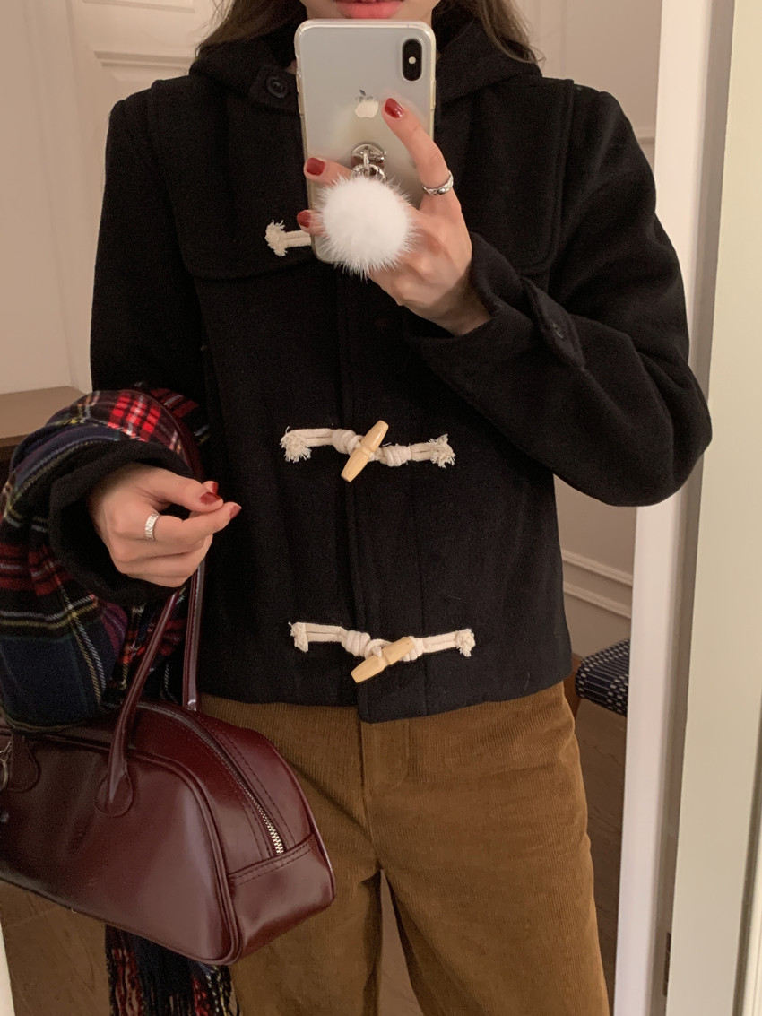 클래식 복고풍 혼 숏코트 자켓 여자 떡볶이 숏자켓 라운드넥 후드 캐주얼 긴팔 모직코트 숏코트 혼 건플랩 올매치 20대 30대