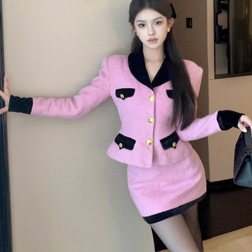 가을신상가을하객룩데이트룩 블랙 핑크 배색 브이넥 골드버튼 카라 긴팔 트위드 자켓 H라인 미니스커트 투피스셋업 트위드스커트 가을투피스 겨울신상 결혼식 하객룩세트