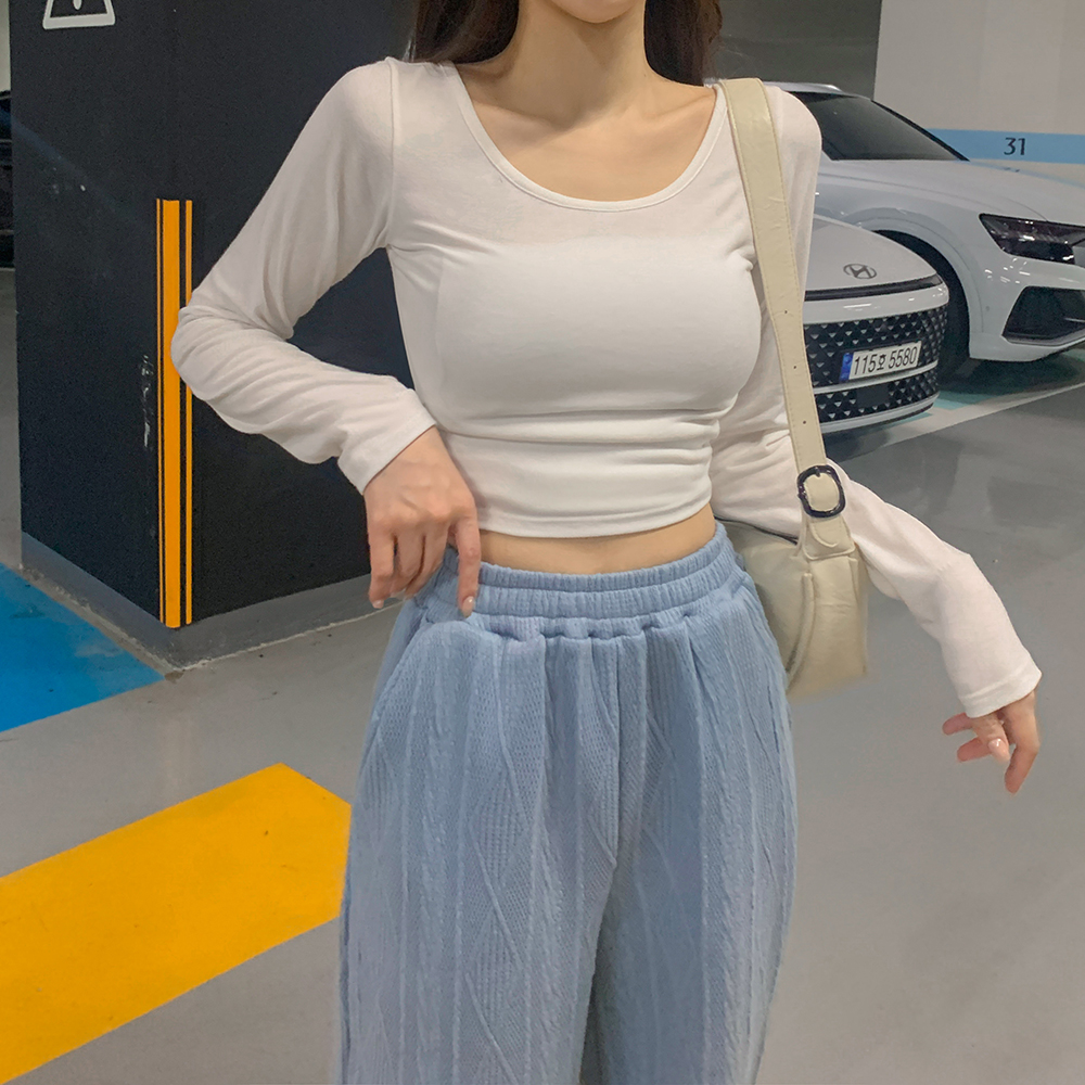 워너비뮤즈 무배🚀 기모안감💖핏보장 속기모 U넥 긴팔 크롭 티셔츠 기본 무지 레이어드 이너티 스판 슬림핏 여리핏 이너웨어 세미