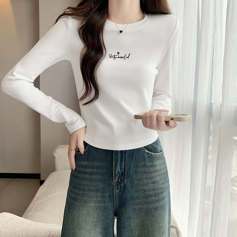 라운드넥 여자 긴팔 심플한 슬림핏 기본 티셔츠 스판 긴팔티 여성 상의 탑 레터링 이너티 자수 언발 가을티 가을 겨울 봄 간절기